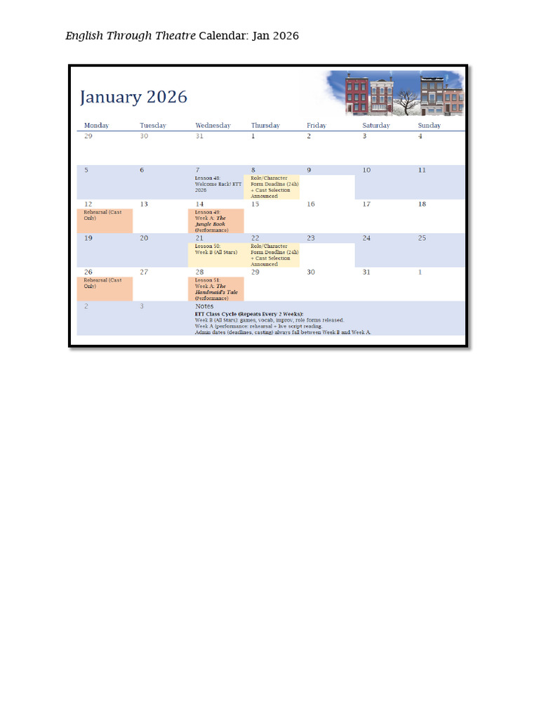 English Through Theatre Calendar 2026 | PDF