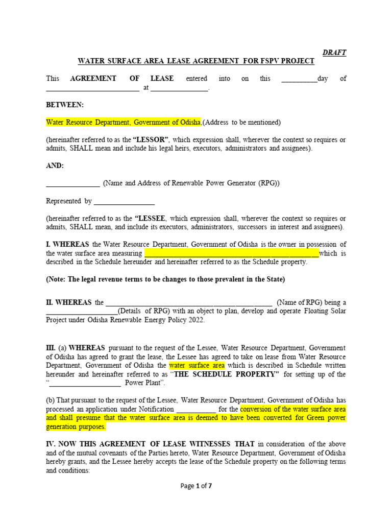 Appendix-3 Draft Water Body Lease Agreement | PDF | Lease | Indemnity