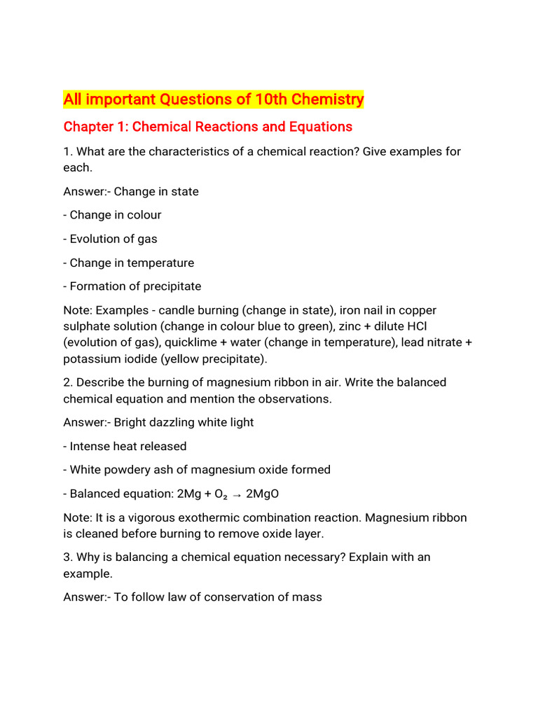 10th Chemistry All Important Questions With Solutions | PDF | Redox ...