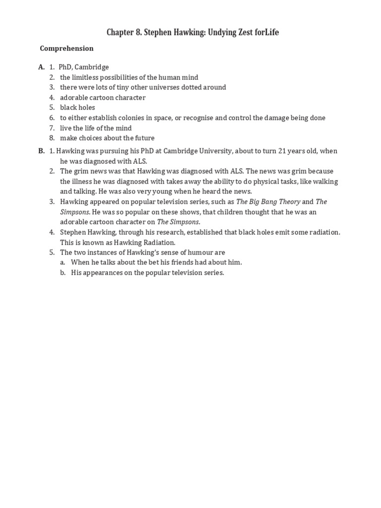 Unit 4 - Grade 6 Lesson 8 Stephen Hawking Undying Zest For | PDF ...