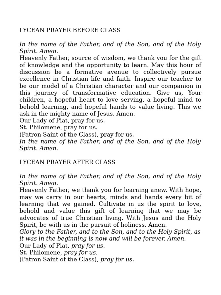 Lycean Prayer Before and After Class | PDF
