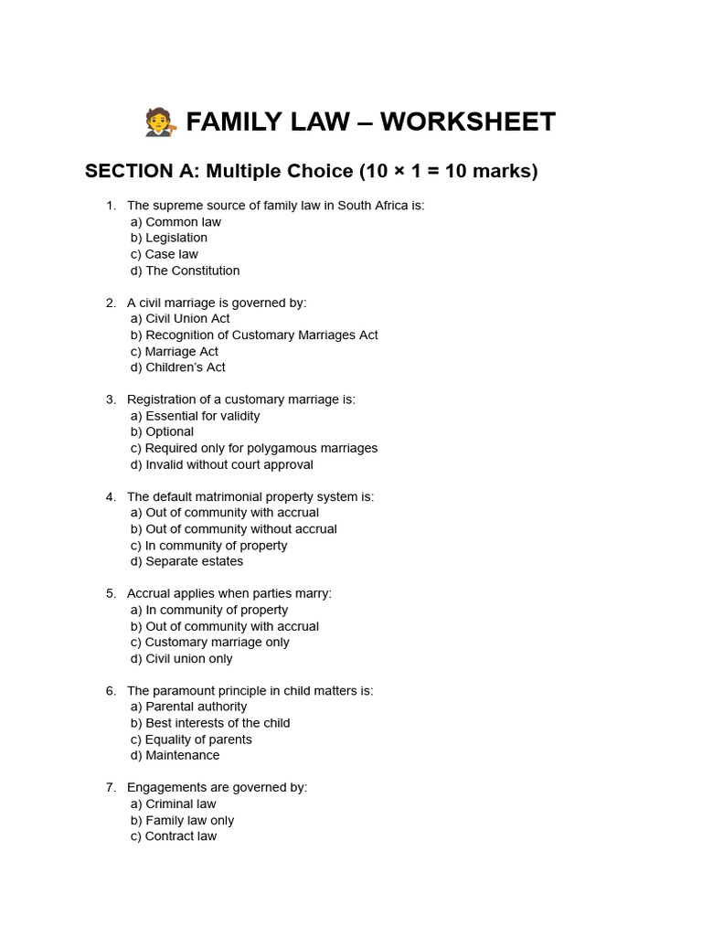 ? Family Law Worksheet | PDF | Marriage | Divorce