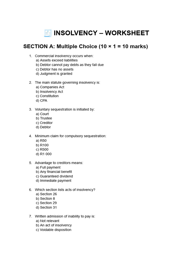 ? Insolvency Worksheet | PDF