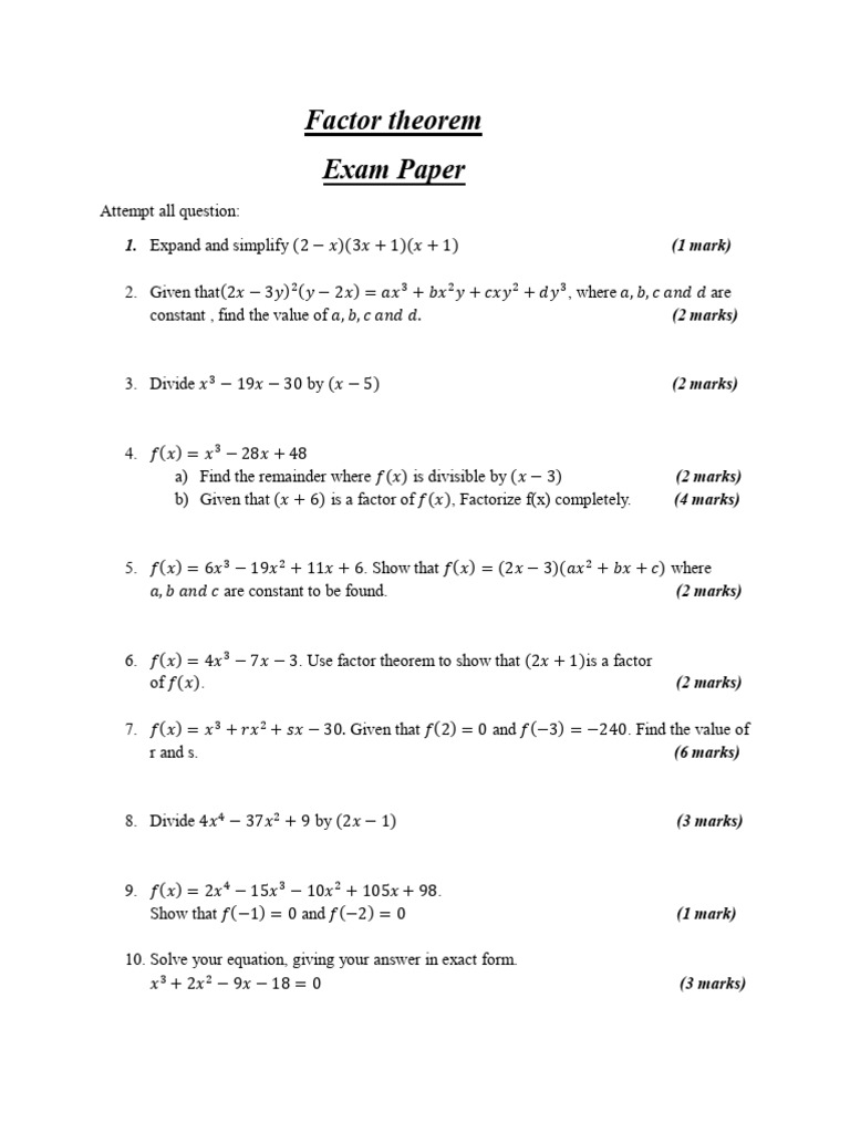 Factor Theorem Exam | PDF