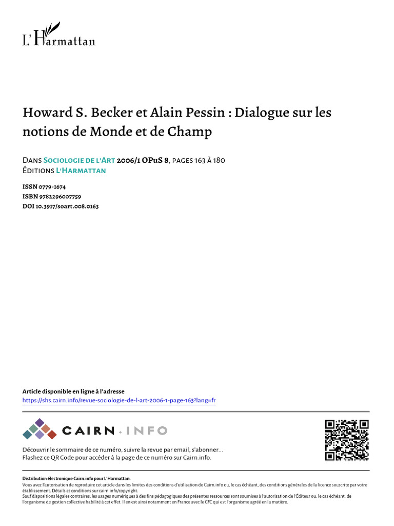 2006 Howard S Becker Et Alain Pessin Dialogue Sur Les Notions de Monde ...