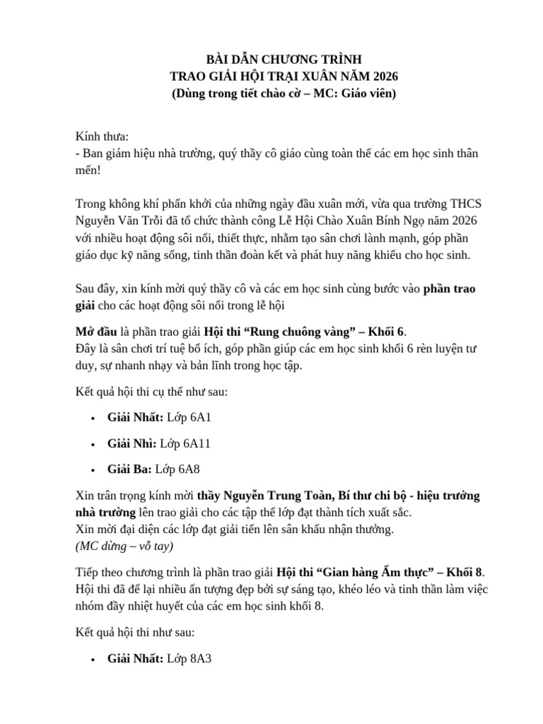 Bai Dan Chuong Trinh Trao Giai Hoi Trai Xuan 2026 | PDF