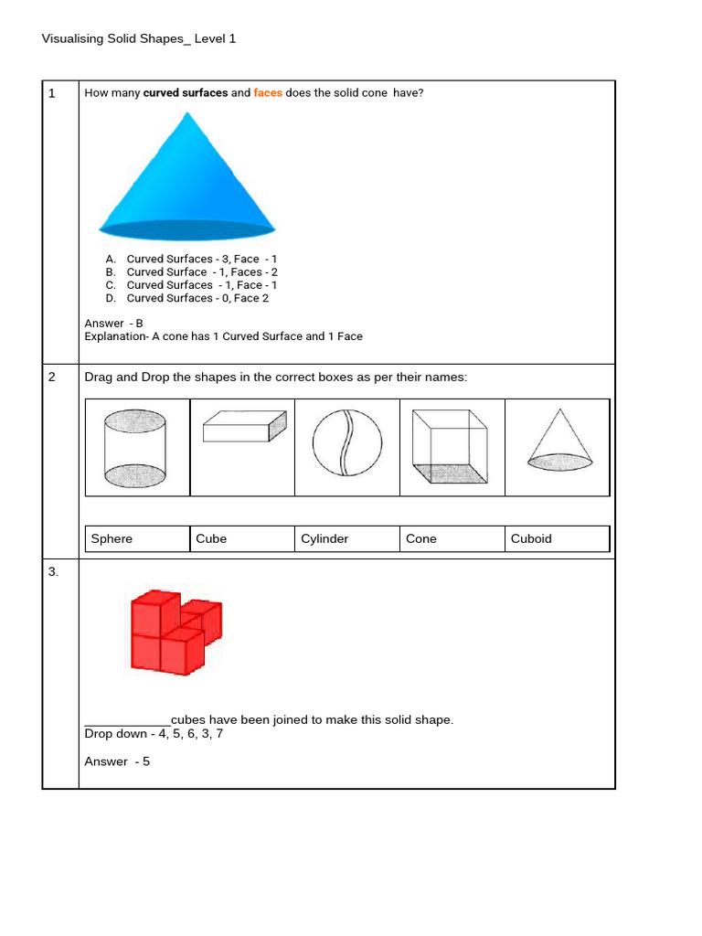 Grade 7 - Visualising Solid Shapes - Level 1 | PDF | Rectangle | Sphere