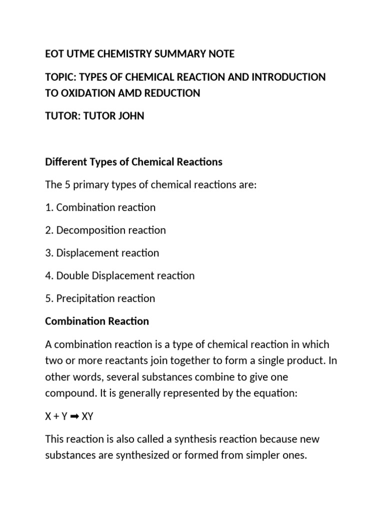 Types of Reaction Summary Note - 20260213 - 175347 | PDF | Chemical ...