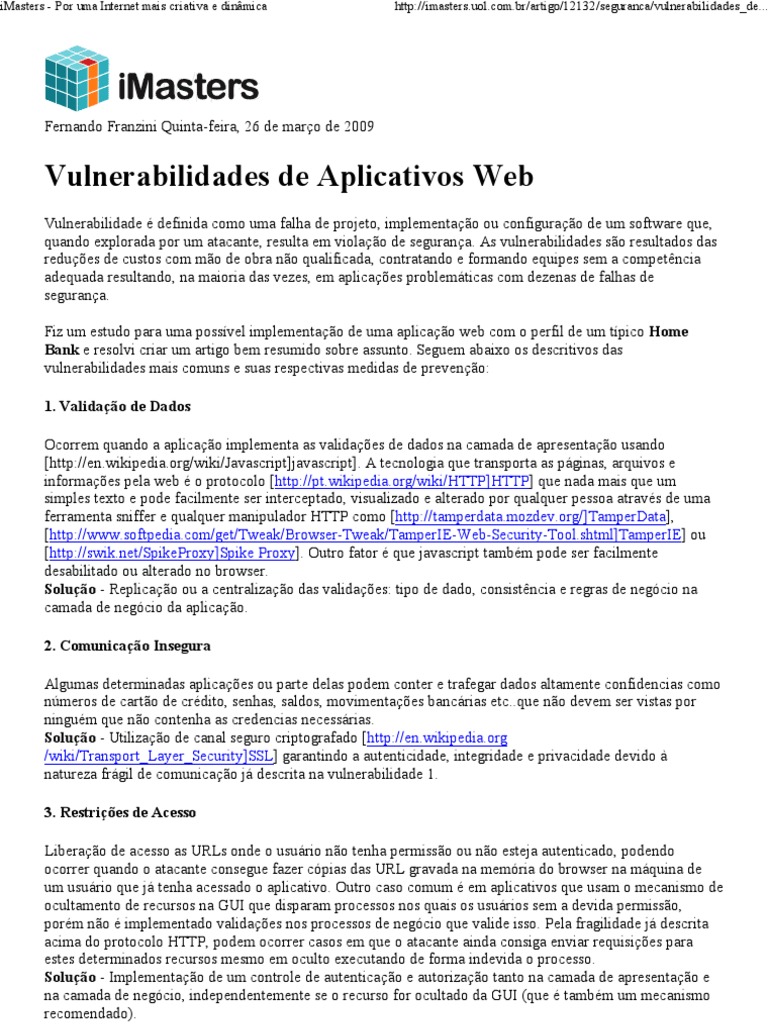 Imasters - Vulnerabilidades de Aplicativos Web | PDF | Vulnerabilidade (informática) | Script Java