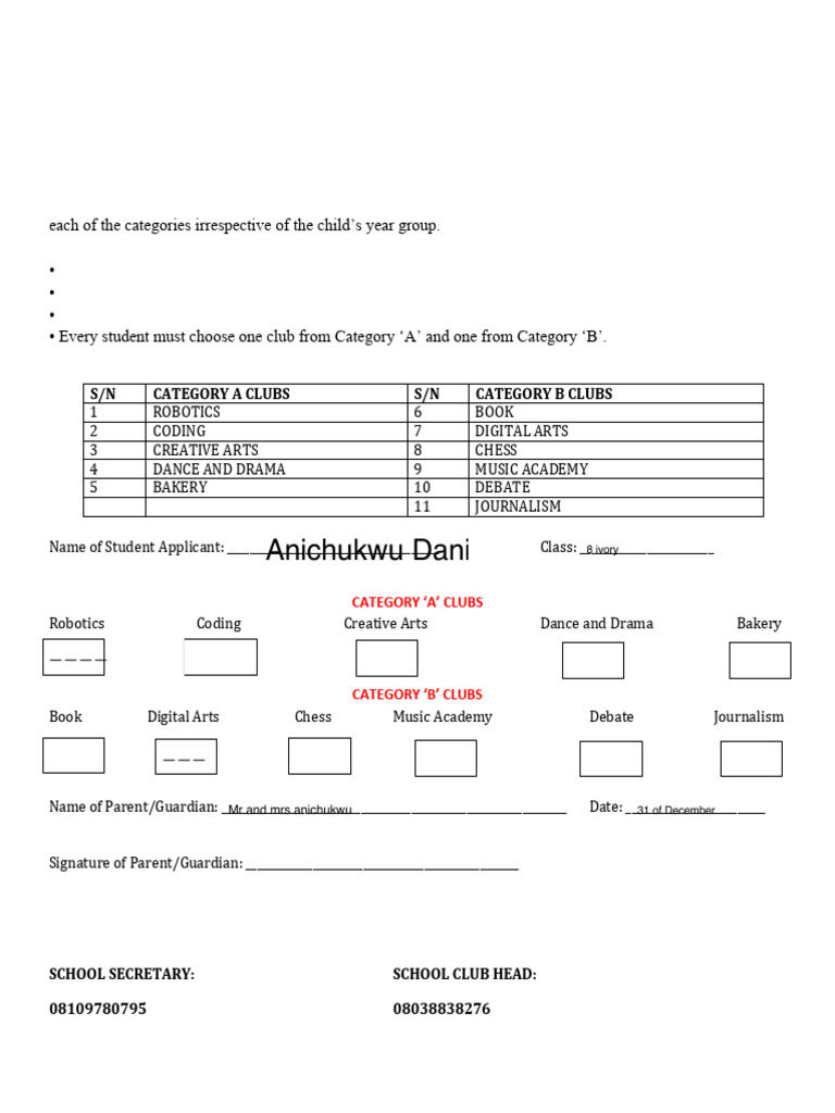 British Spring College Club Registration Form | PDF