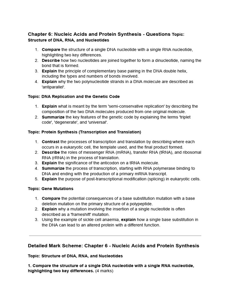 Chapter 6 - Nucleic Acids and Protein Synthesis - Questions Topic ...