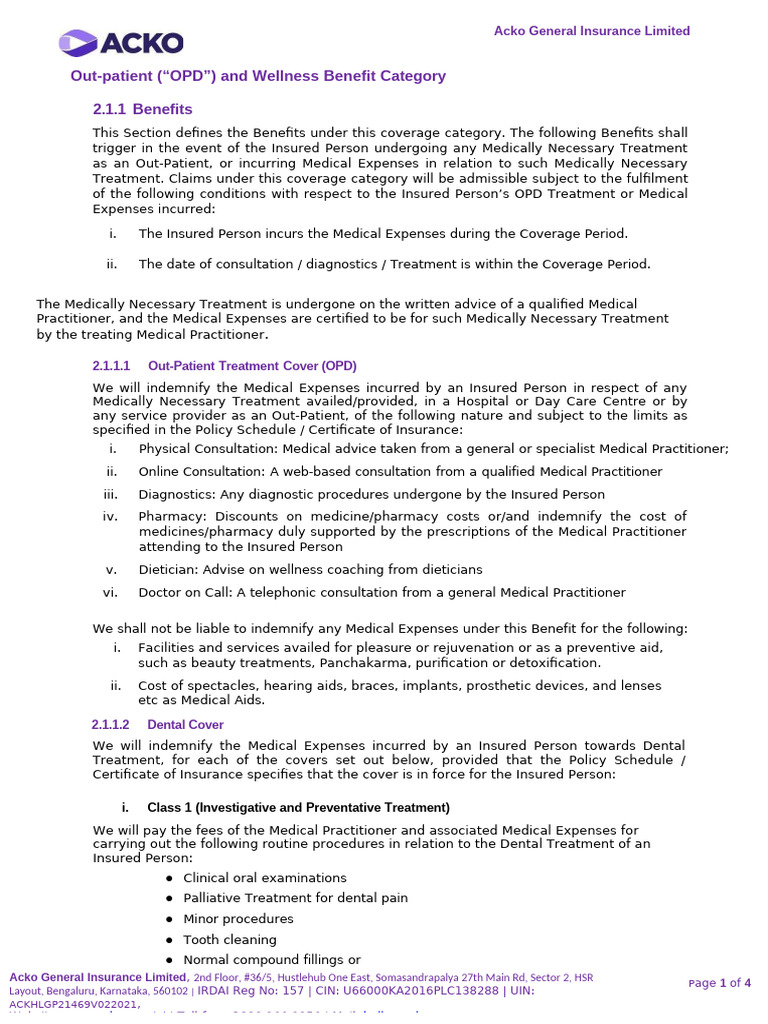 Policy Wordings OPD & Health Check Up Acko | PDF | Dentistry | Dentures