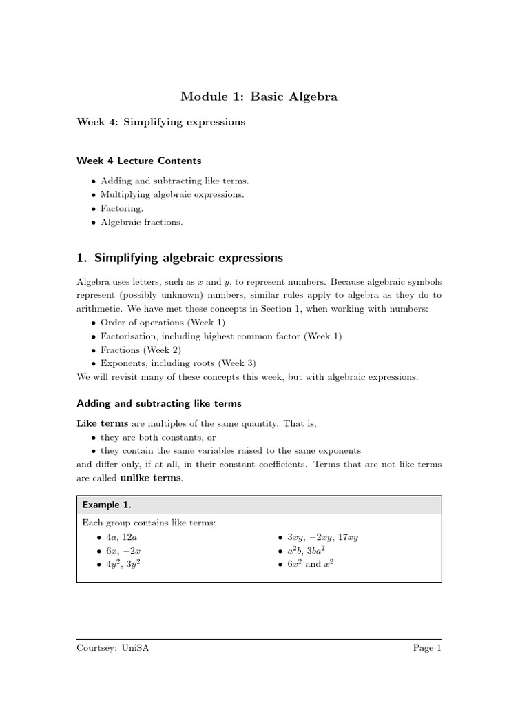 Week 04 - Module 1 - Simplifying Expressions | PDF | Multiplication ...