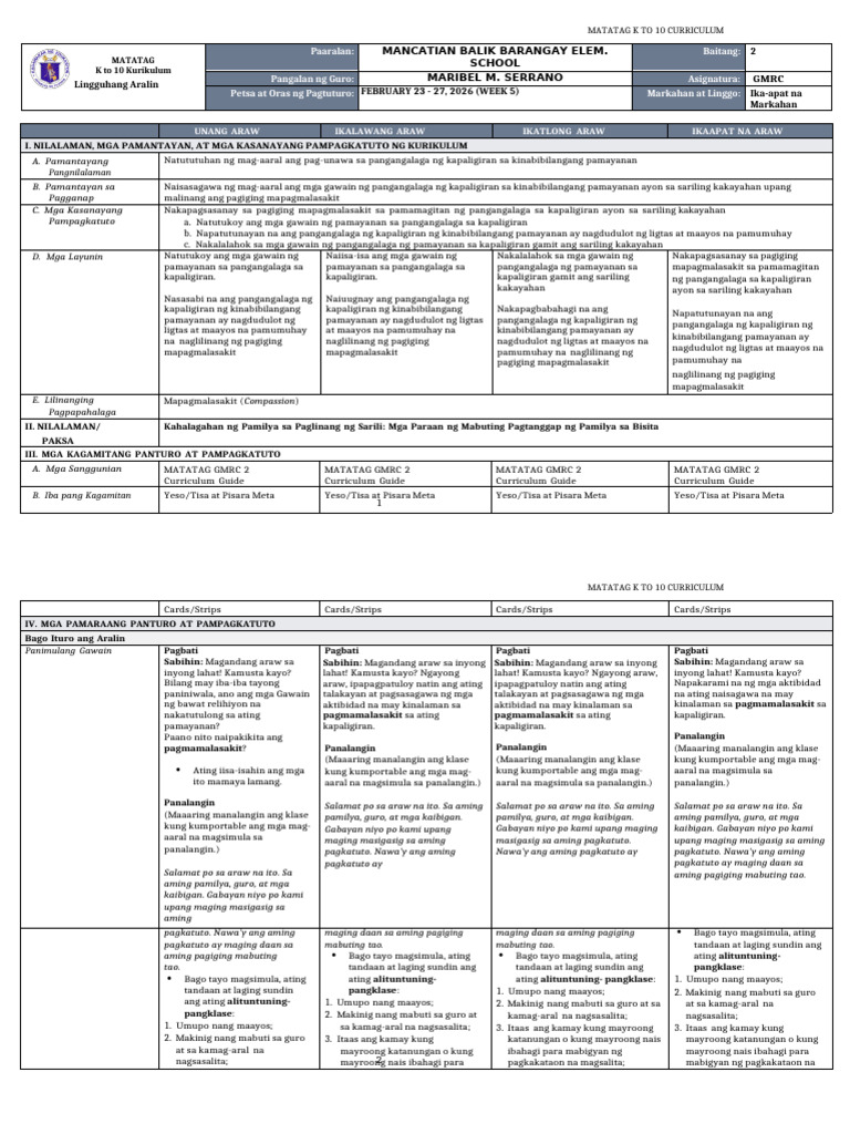 DTC - DLL Matatag - GMRC 2 - Q4 - W5 | PDF
