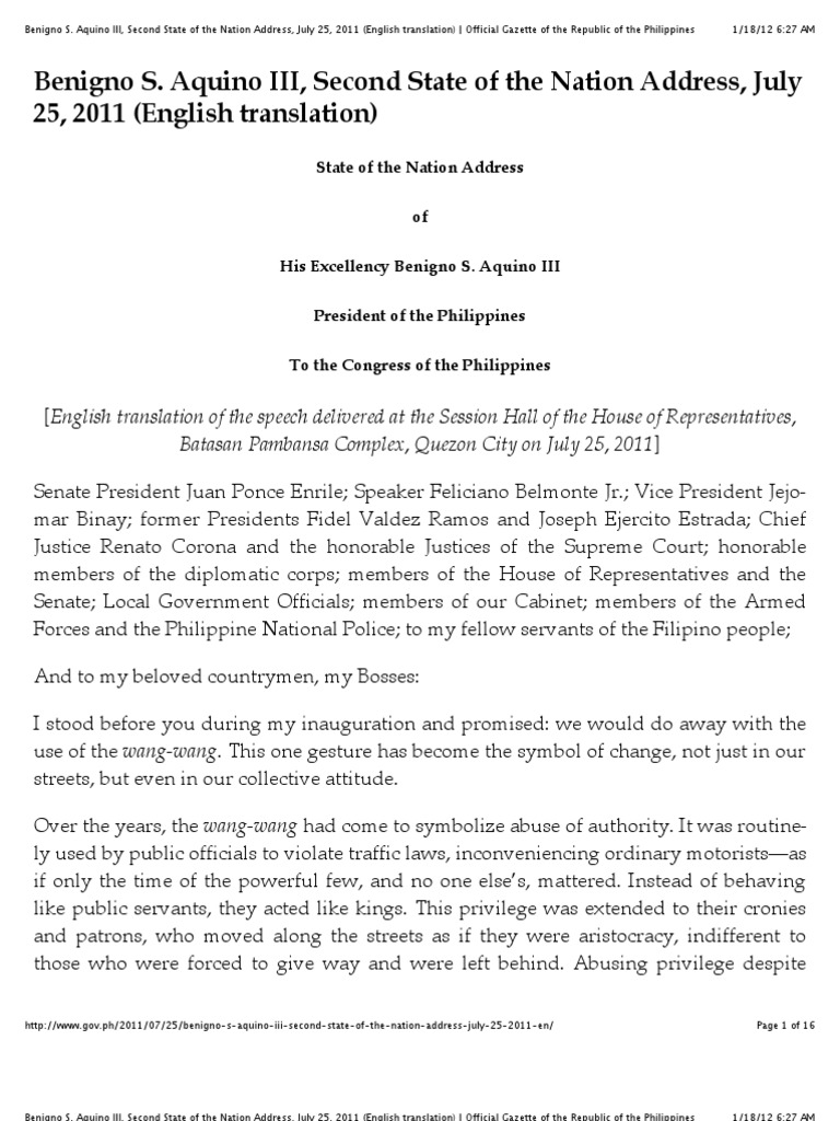 Benigno S. Aquino III, Second State of The Nation Address, July 25 ...