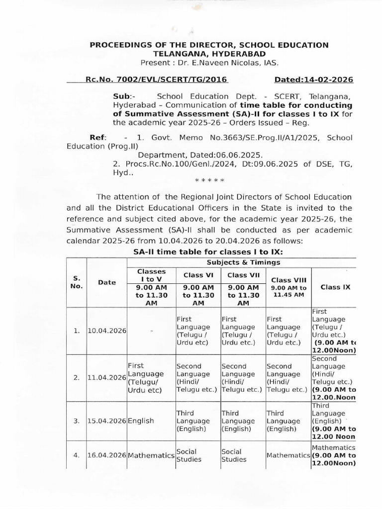 SA II Time Table For Classes I To IX | PDF