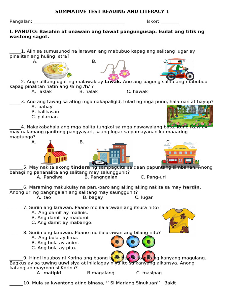Summative Test Reading and Literacy 1 | PDF