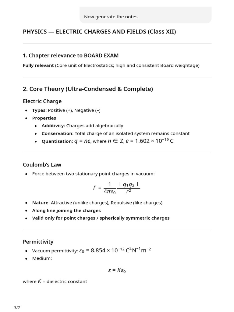 Physics Electric Charges Notes (1) - Removed | PDF | Electric Field | Force