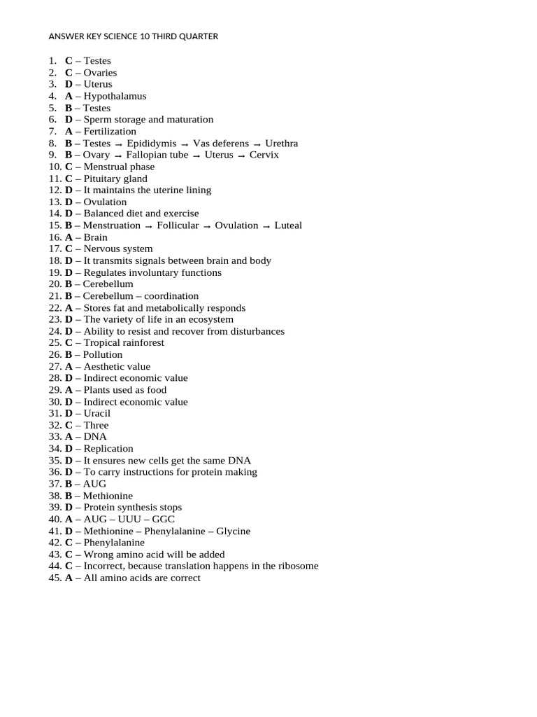 Answer Key Science 10 Third Quarter | PDF