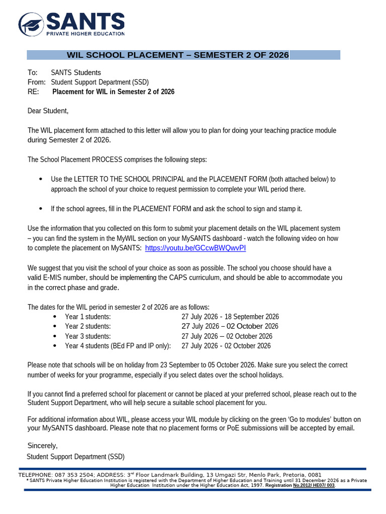 WIL Placement Form - Semester 2 of 2026 | PDF | Teachers