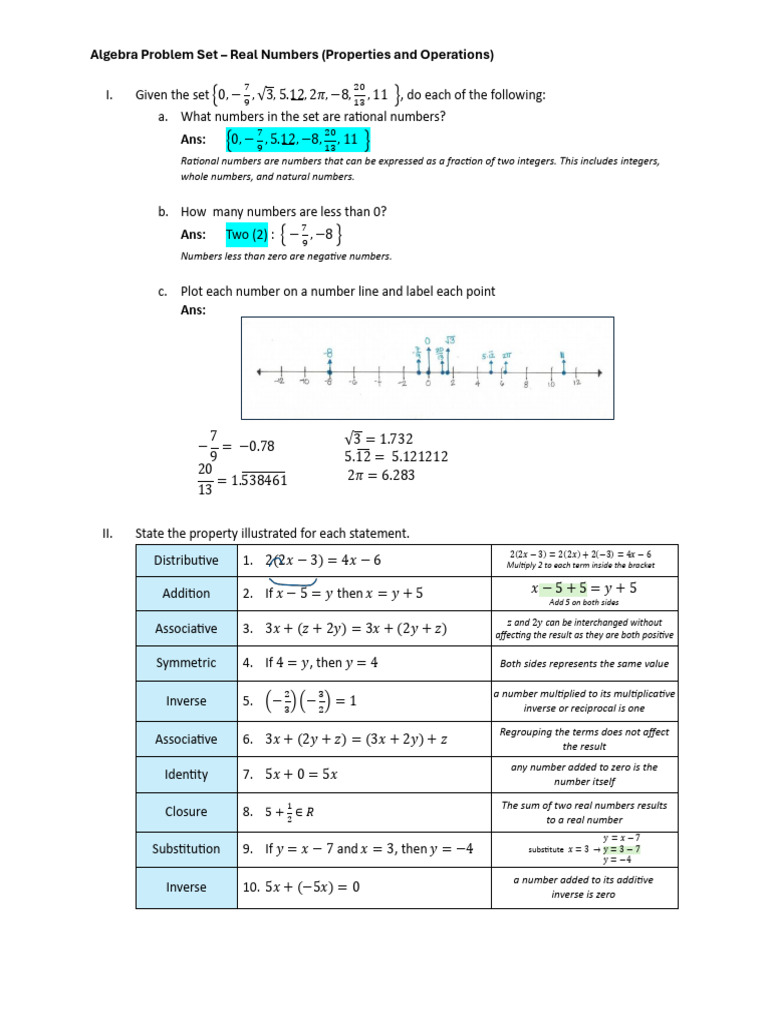 Algebra Problem Set - Real Numbers (Properties and Operations) | PDF ...