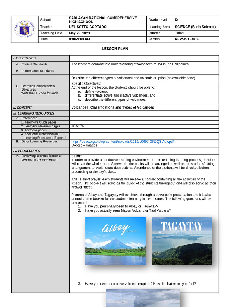 7E Lesson Plan Types of Volcano and Volcanic Eruption | PDF | Volcano ...