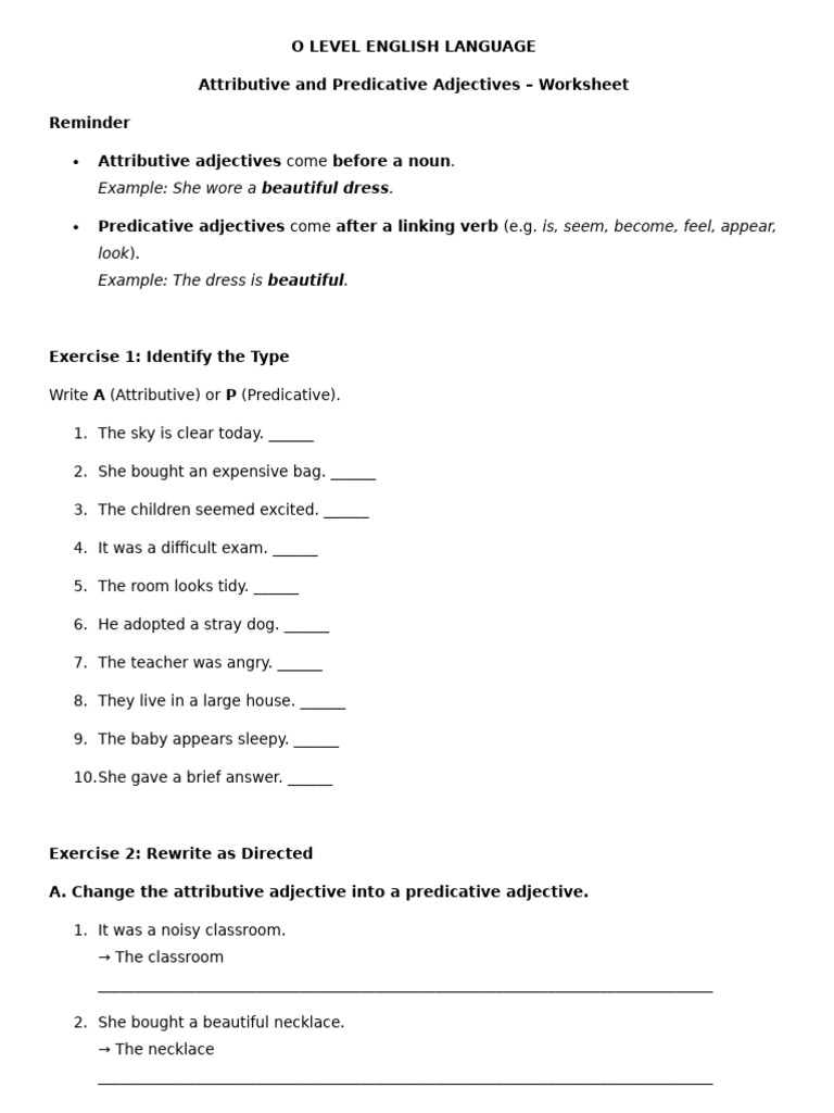 Attributive and Predicative Adjectives - Worksheet | PDF | Adjective ...