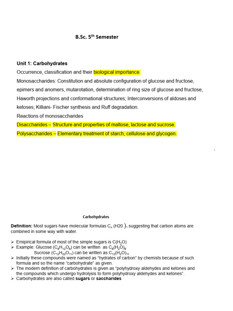 Unit 1 Carbohydrates | PDF | Glucose | Carbohydrates