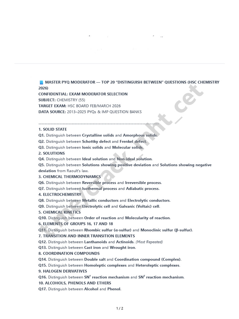 Imp Distinguish Between Chemistry 2026 HSC Boards | PDF | Solid | Chemistry