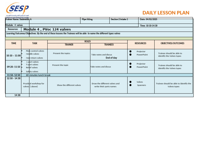 Daily Lesson Plan Day 04022025 | PDF | Valve | Plumbing