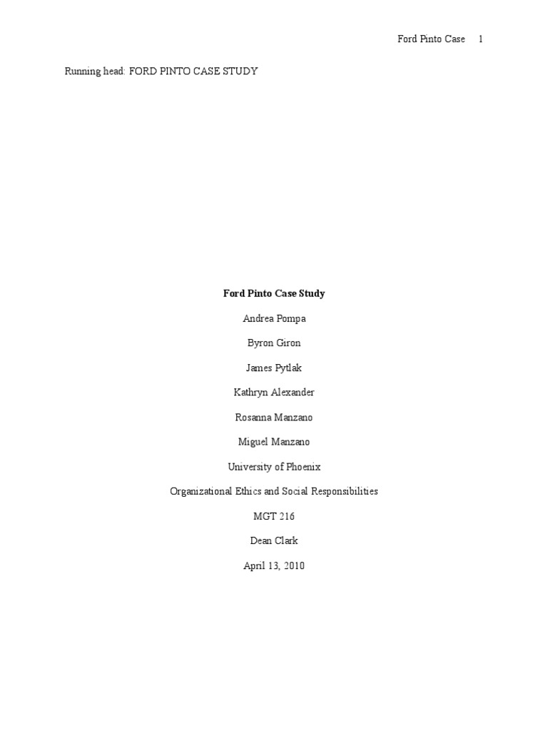 Ford Pinto Case 1 Running Head: Ford Pinto Case Study | PDF | Safety ...