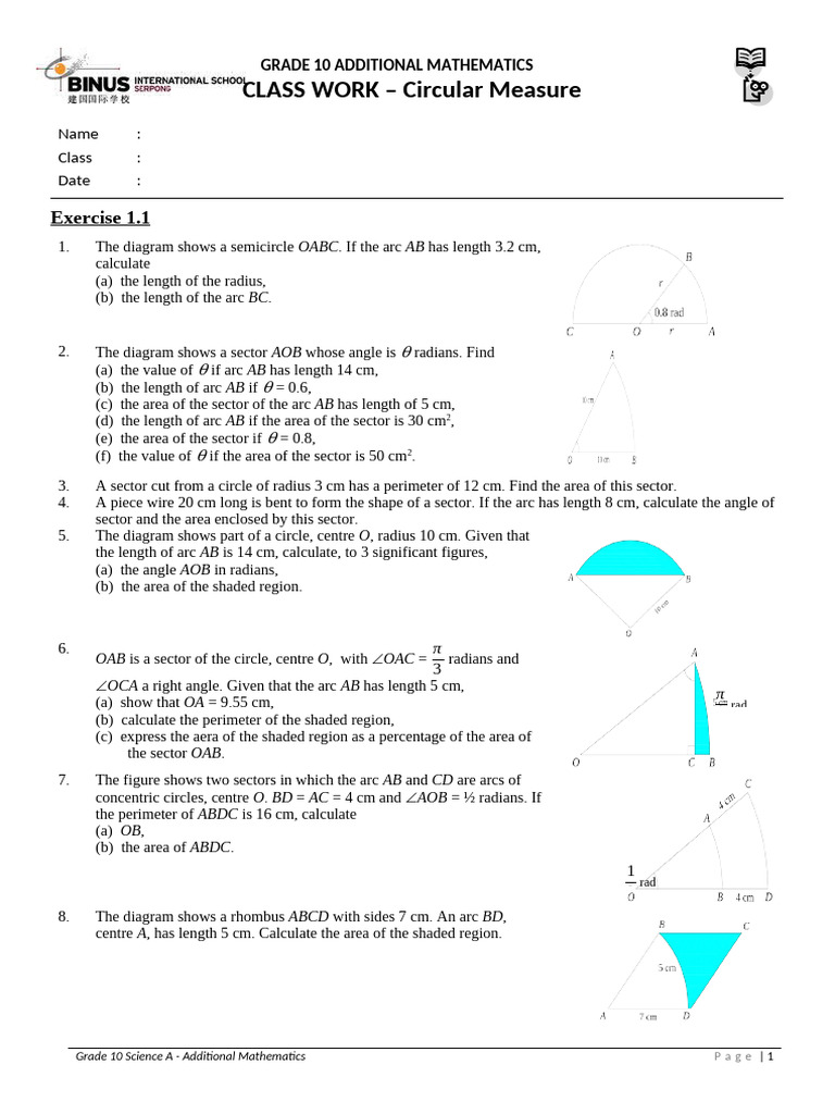 1 Exercise - Arc Length & Sector Area | PDF | Circle | Angle