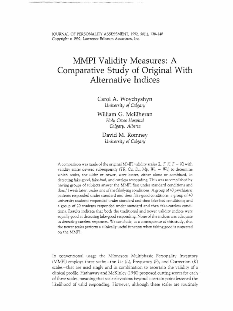 MMPI Validity Measures: A Comparative Study of Original With ...
