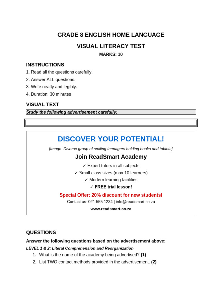 Grade 8 Visual Literacy Test | PDF | Reading Comprehension | Learning