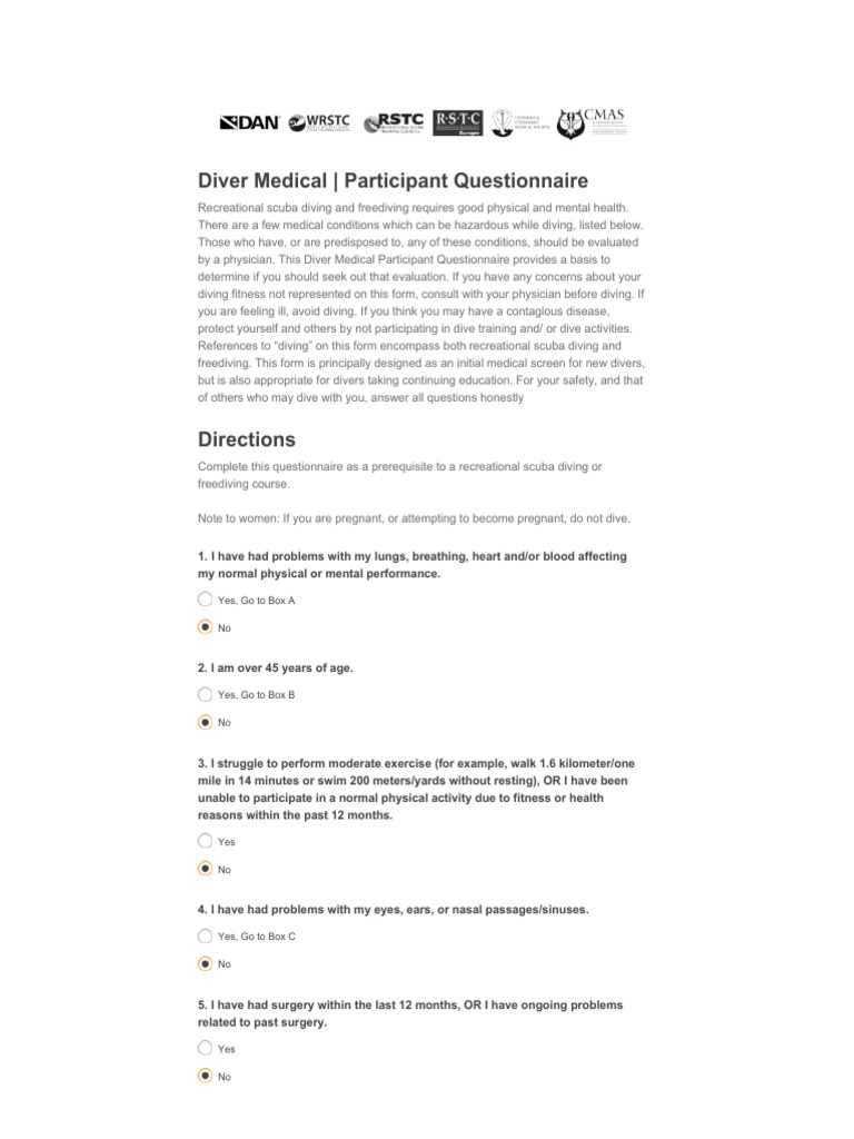 Diver Medical Form | PDF | Underwater Diving | Scuba Diving
