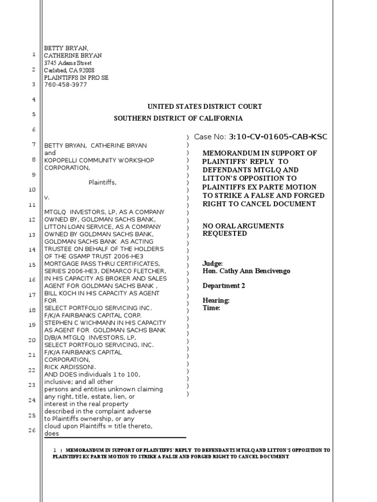Memorandum in Support of Reply-Forgery | PDF | Discovery (Law) | Lawsuit