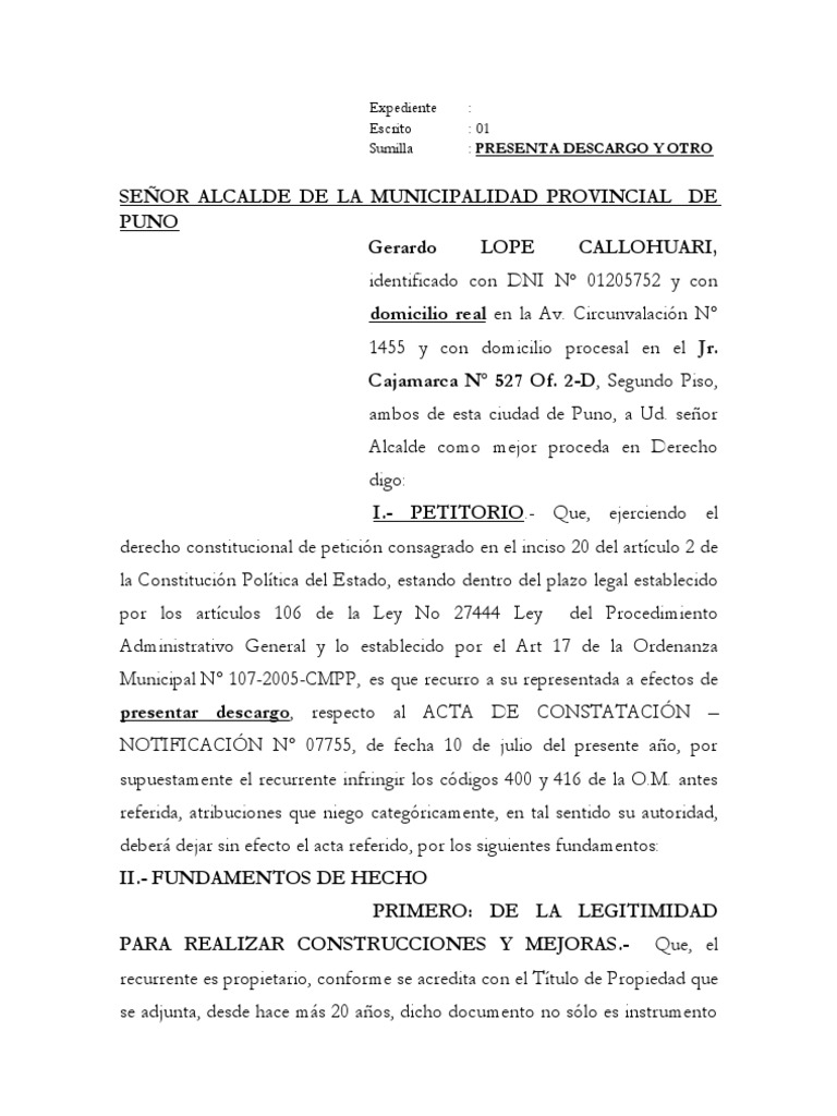 MODELO DE DESCARGO | Propiedad | Derecho penal