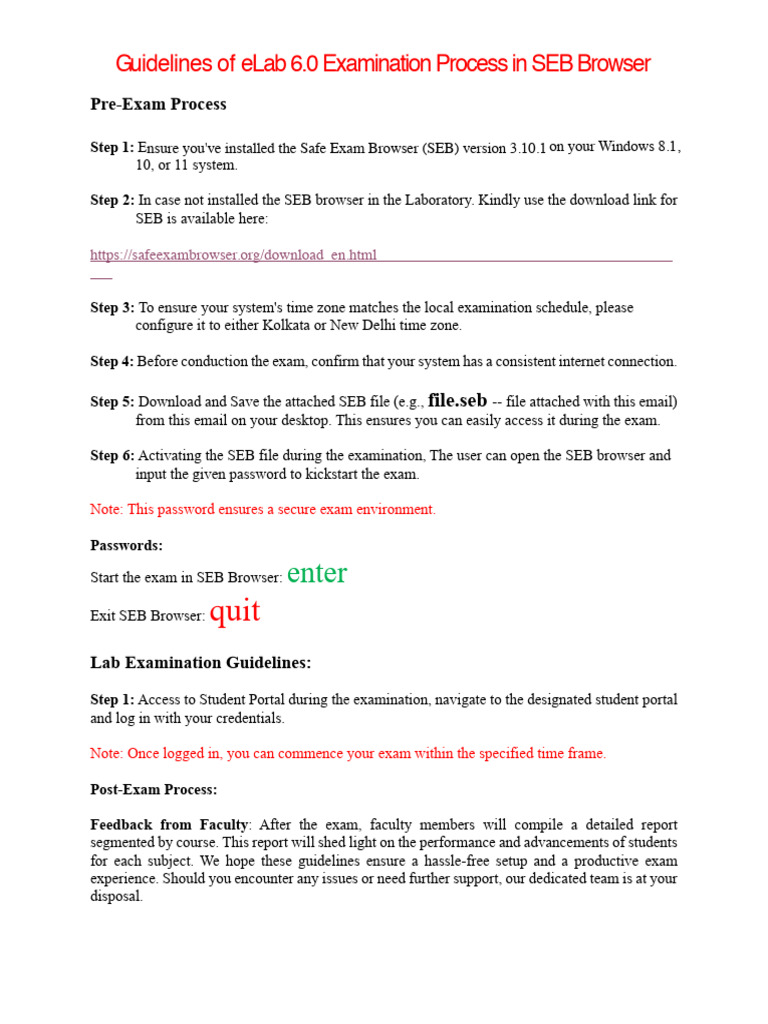SEB ELab Exam Preparation Guidelines | PDF