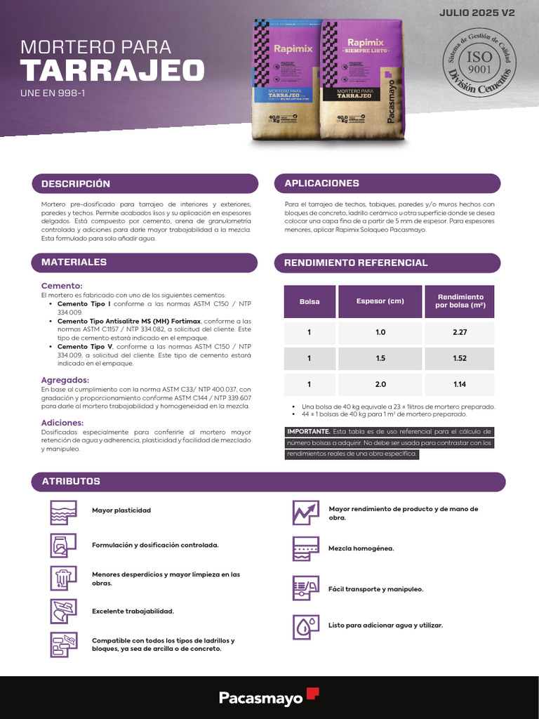 Ficha Tecnica Rapimix Tarrajeo 07 2025 | PDF | Mortero (Albañilería ...