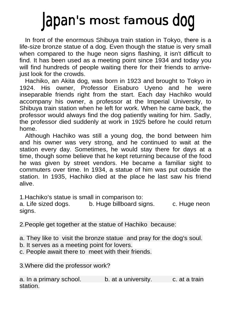 Hachiko Reading Comprehension Fun Activities Games Reading ...