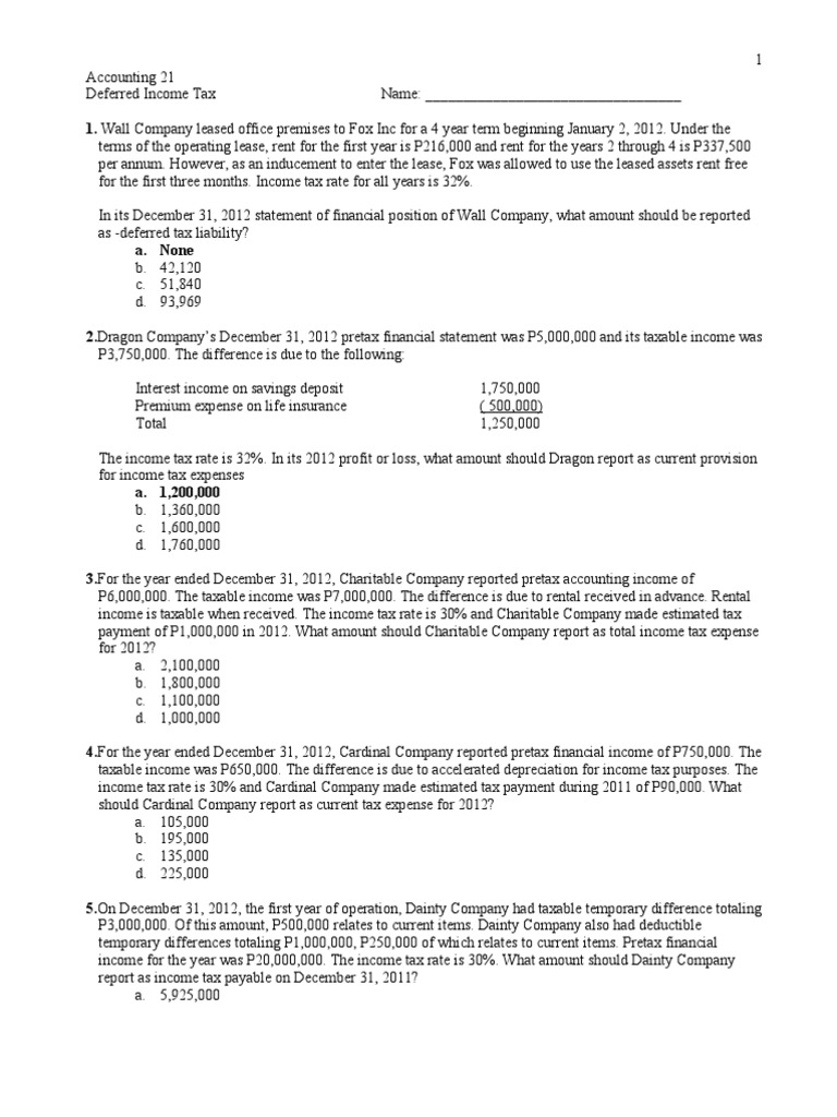 Quiz 14P - Income Tax | PDF | Deferred Tax | Tax Expense