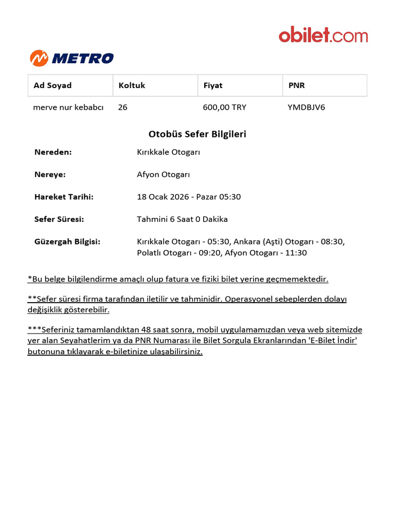 Otobüs Sefer Bilgileri: Ad Soyad Koltuk Fiyat PNR | PDF