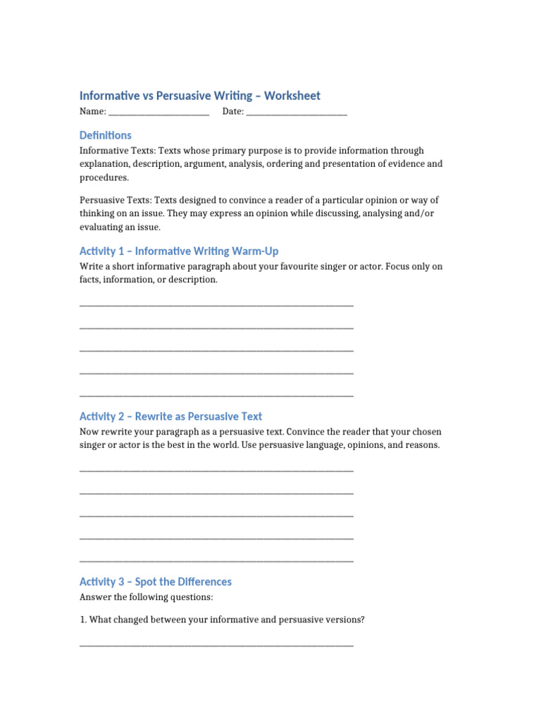 Informative Vs Persuasive Worksheet | PDF