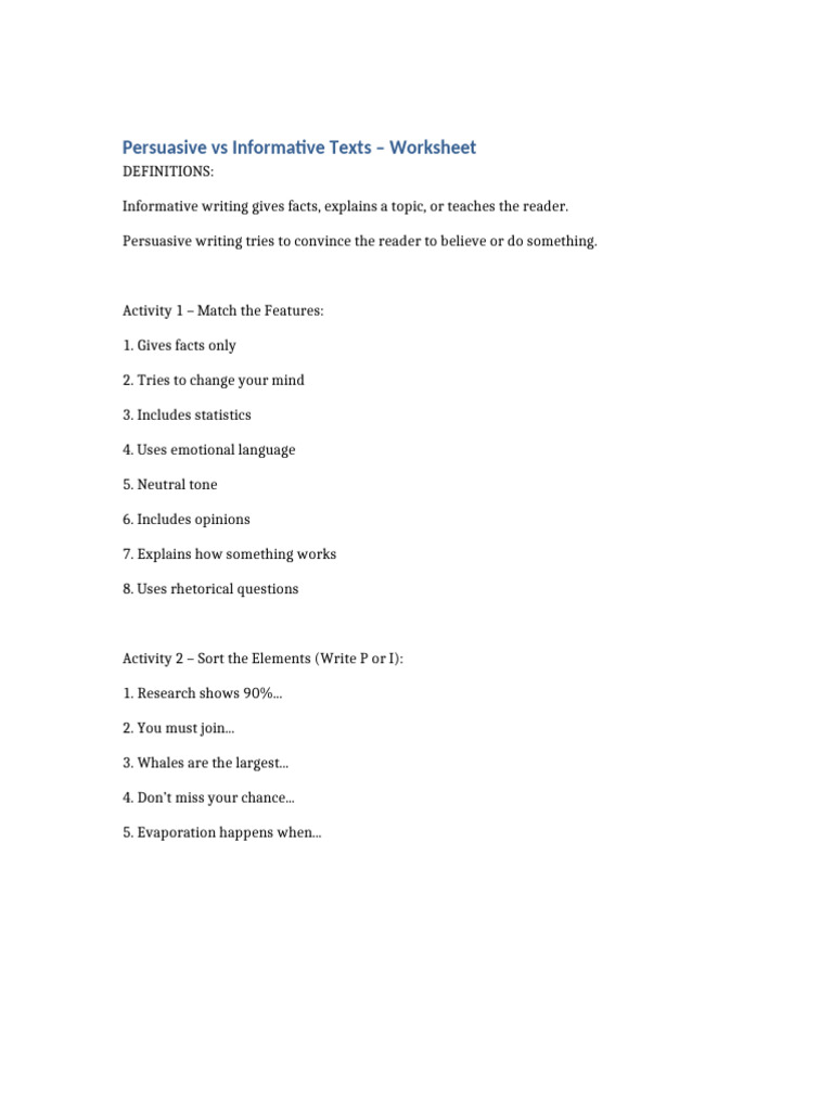 Persuasive Vs Informative Worksheet | PDF