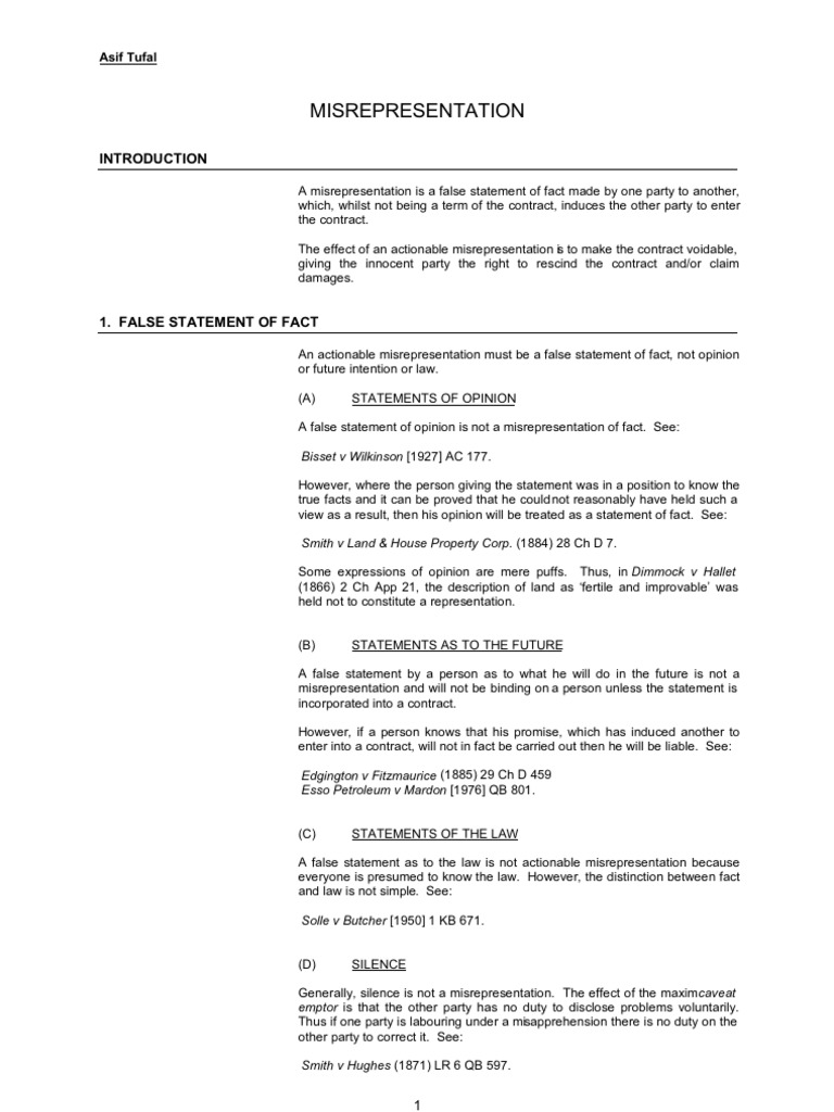 Misrepresentation Lecture | PDF | Misrepresentation In English Law ...