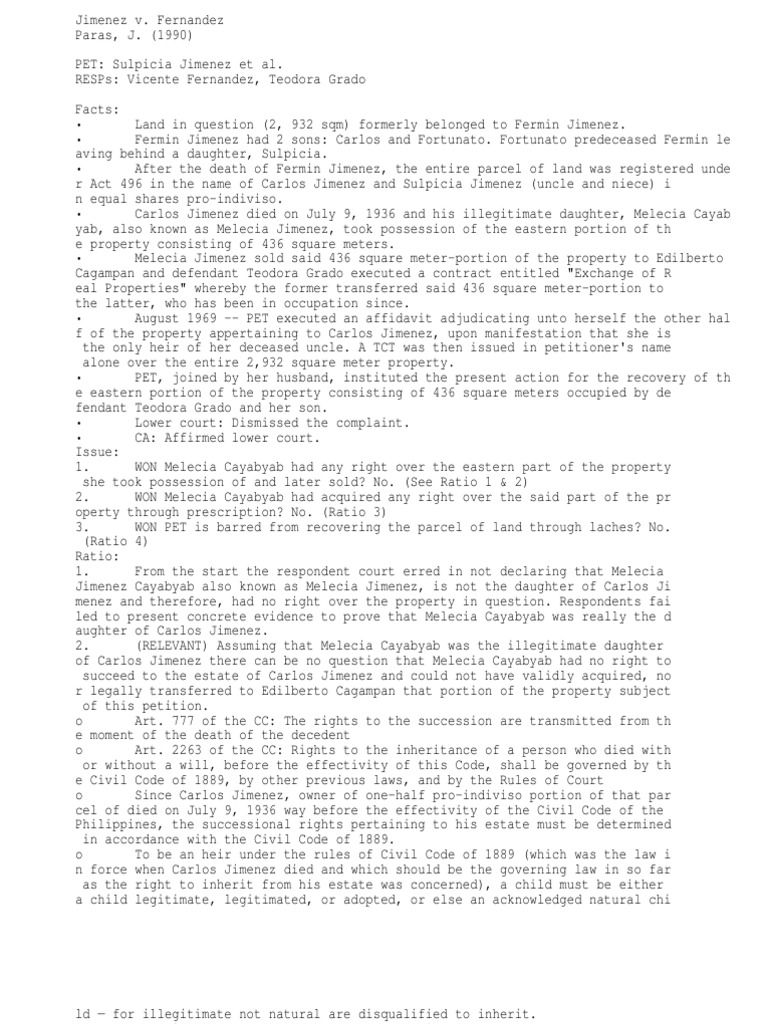 Succession Digest - Jimenez V Fernandez | PDF | Inheritance | Law And ...
