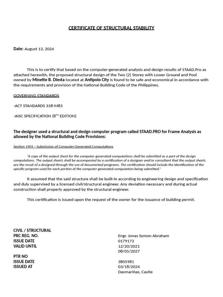 Certificate of Structural Stability - Minette Diesta | PDF