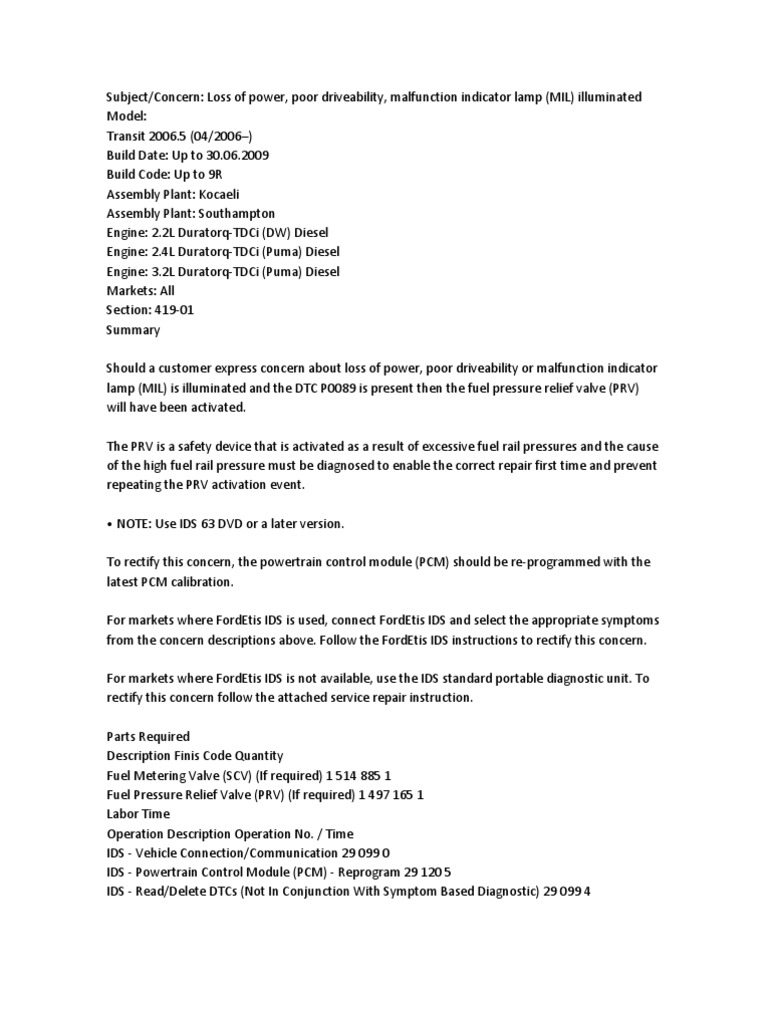 Ford Transit P0089 DTC Diagnosis Guide | PDF | Diesel Engine | Calibration