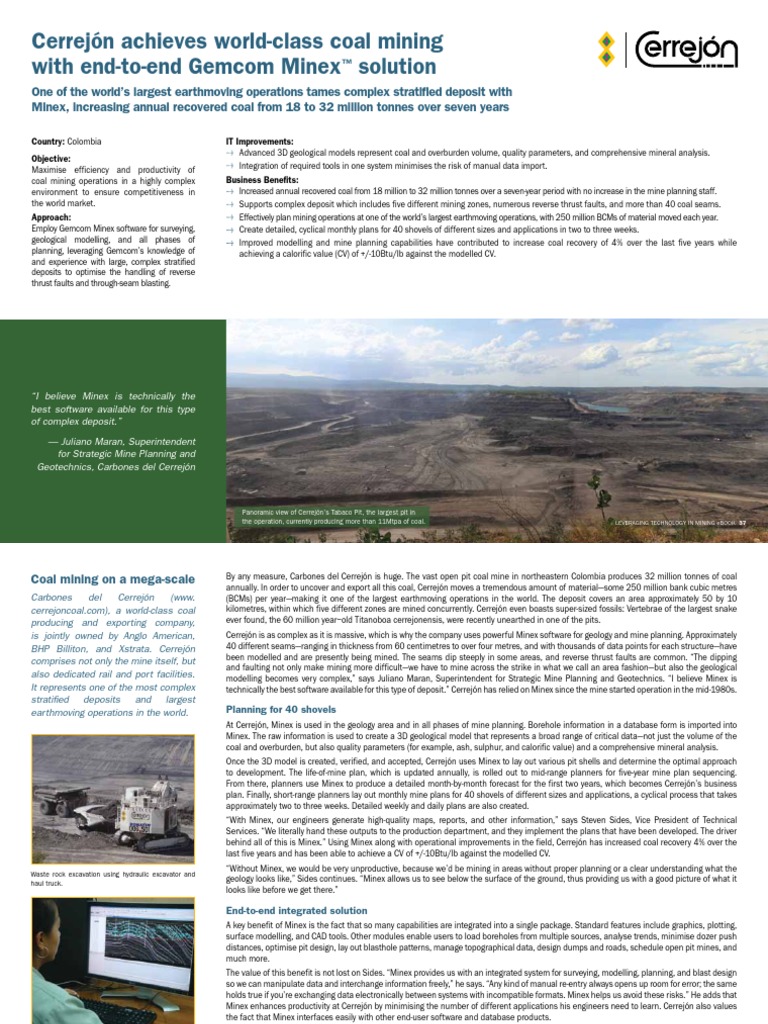 Cerrejón Achieves World-Class Coal Mining With End-To-End Gemcom Minex Solution | PDF | Coal ...