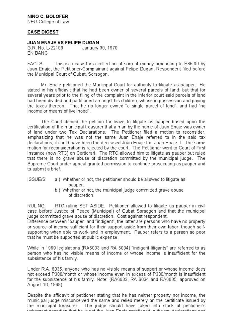 Case Digest Enaje Pauper Indigent Litigant | PDF | State Court (United ...